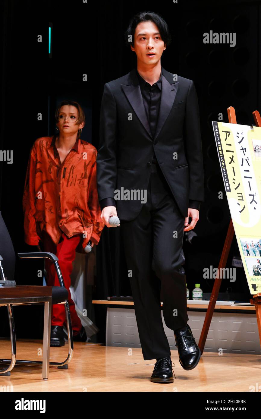November 5, 2021, Tokyo, Japan: Japanese actors Shu Watanabe (black) and Ryosuke Miura attend a ...