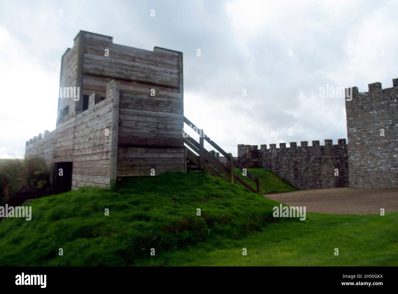 Towers of reconstructed section of Hadrian'a Wall with Roman ruins at ...