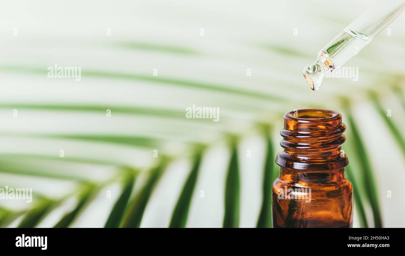 Essential oil drop dripping from pipette in amber glass bottle on ...