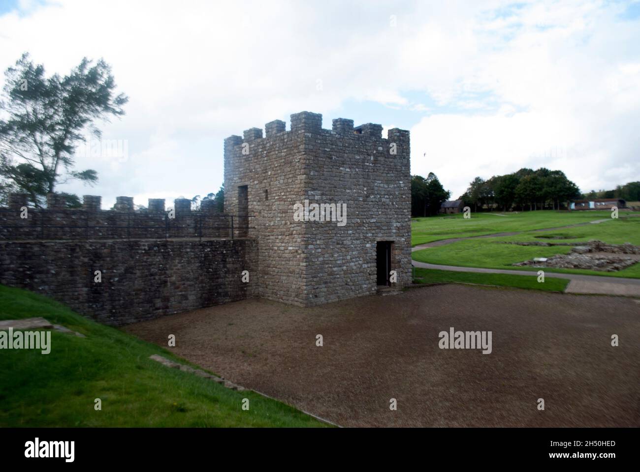 Towers of reconstructed section of Hadrian'a Wall with Roman ruins at ...