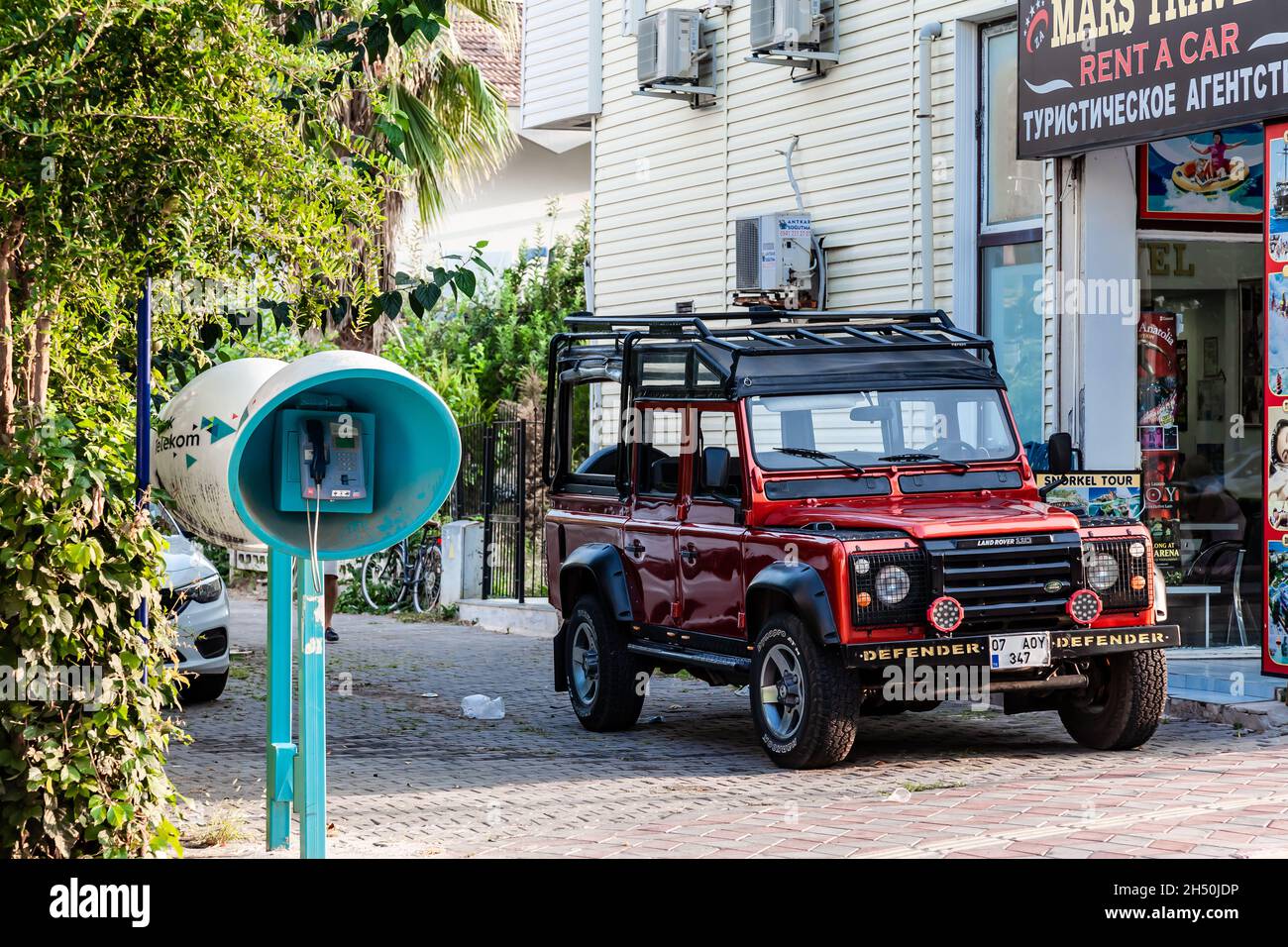 Kemer, Turkey - 08.25.2021: Front look of Land Rover Defender prepared ...