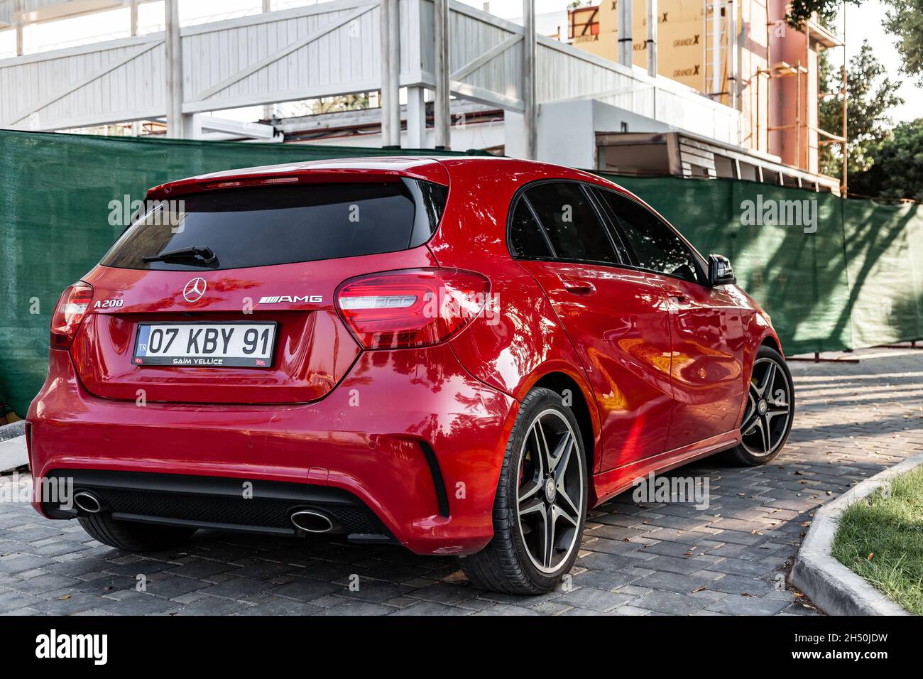 Kemer, Russia - 08.25.2021: Motor car red Mercedes-Benz A-class drvies ...