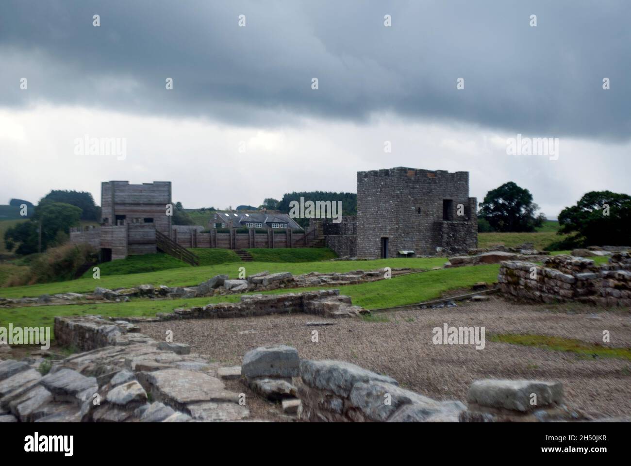 Towers of reconstructed section of Hadrian'a Wall with Roman ruins at ...