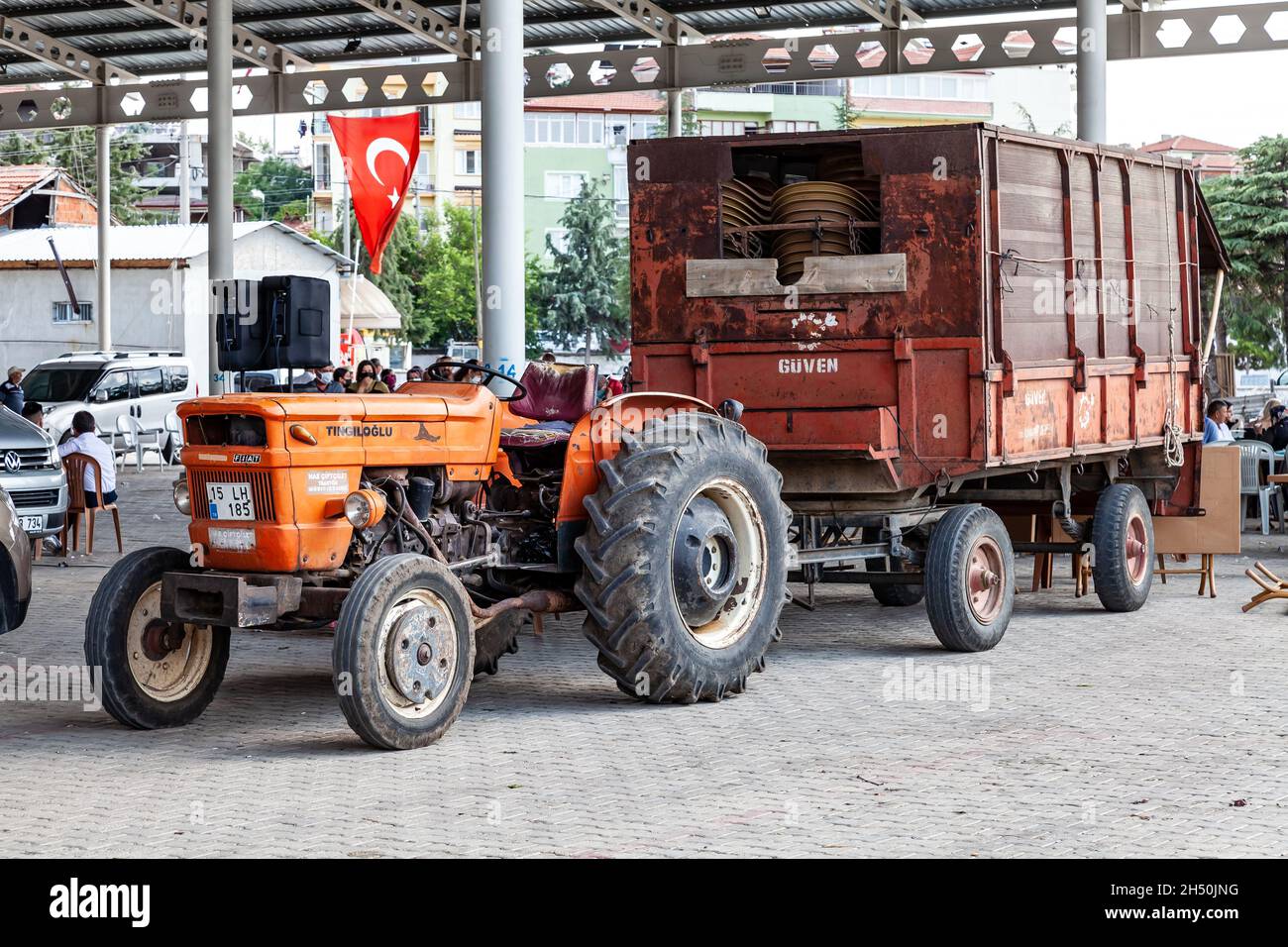 Antalya, Turkey - 08. 25. 2021: Old orange Tractor of brand Turk Fiat ...