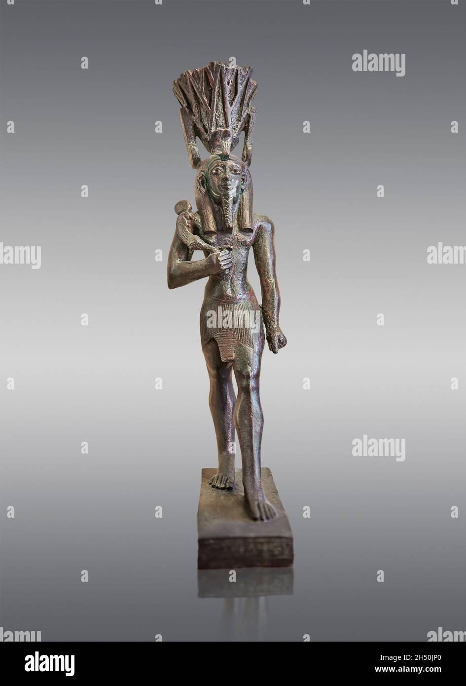 Ancient Egyptian copper statue of god Nefertem, 664-332 BC, bronze with ...