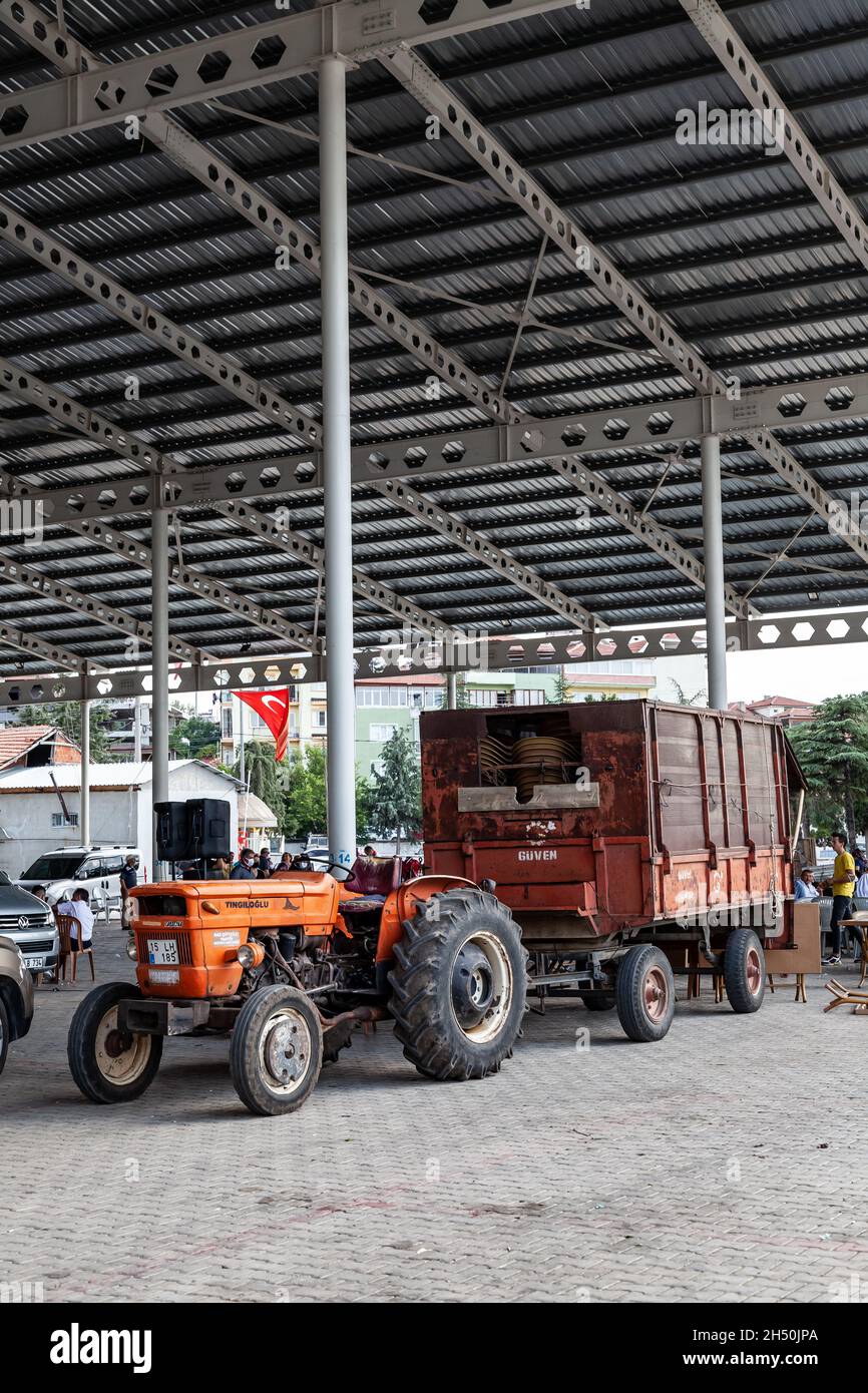 Antalya, Turkey - 08. 25. 2021: Old orange Tractor of brand Turk Fiat ...