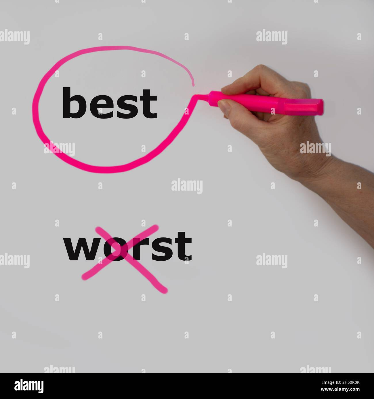 The word best is circled with a pink pencil by a hand with a bubble ...