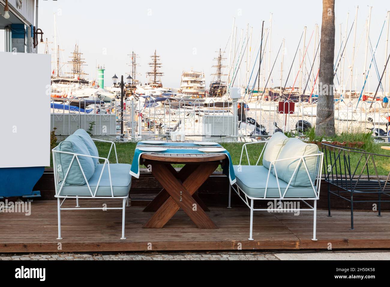 Cafe, outdoor restaurant on the embankment by the sea. Kemer Turkey 08 ...