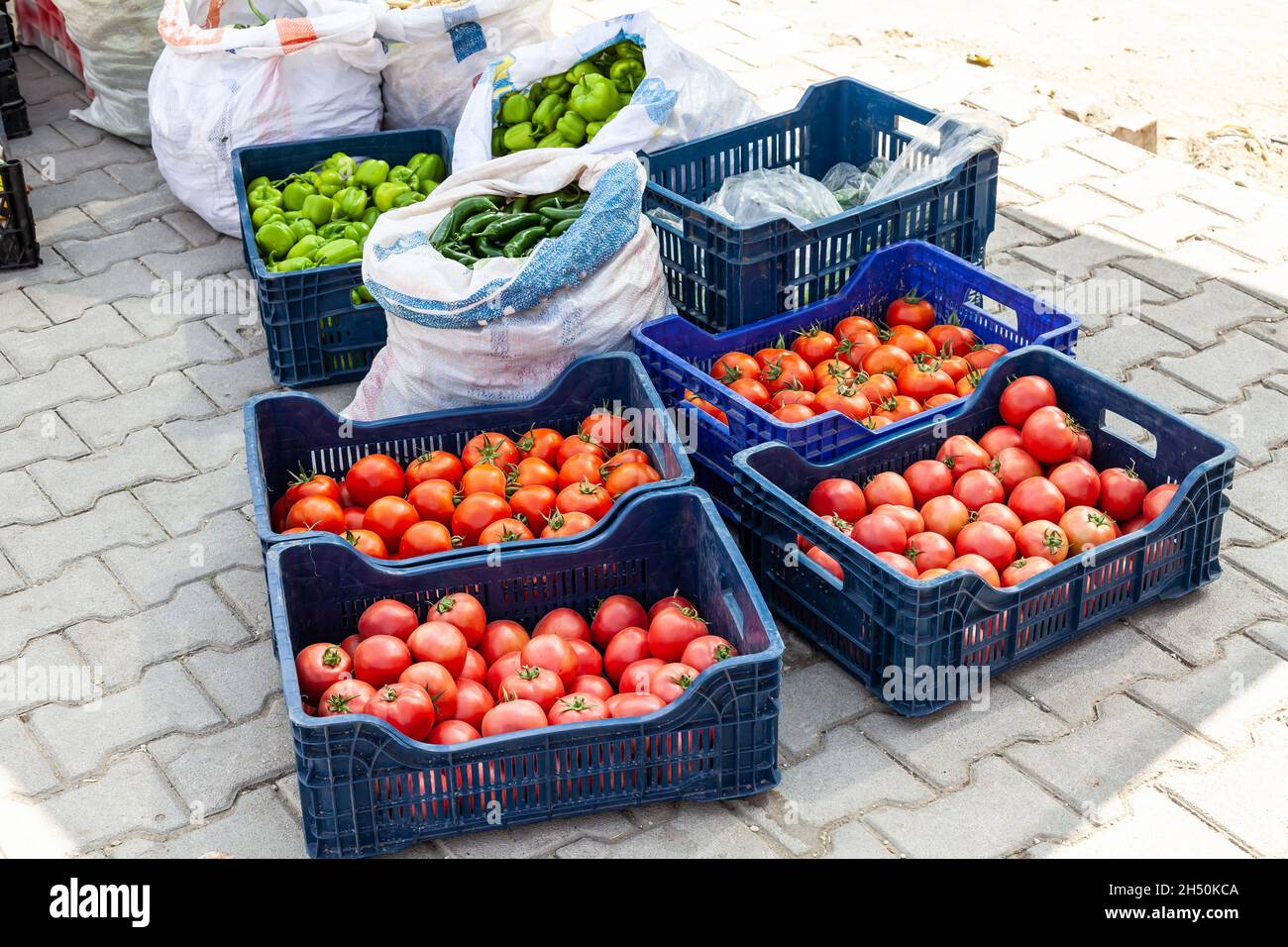 Food market in the center of Esilova, Turkey. Fresh vegetables and ...