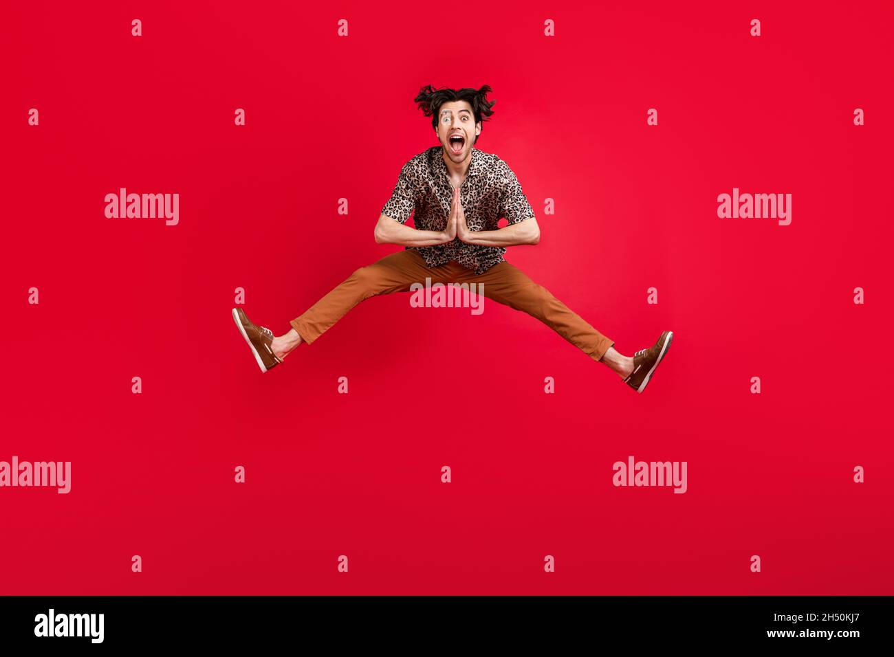 Full size photo of young crazy excited good mood guy jumping desire ...