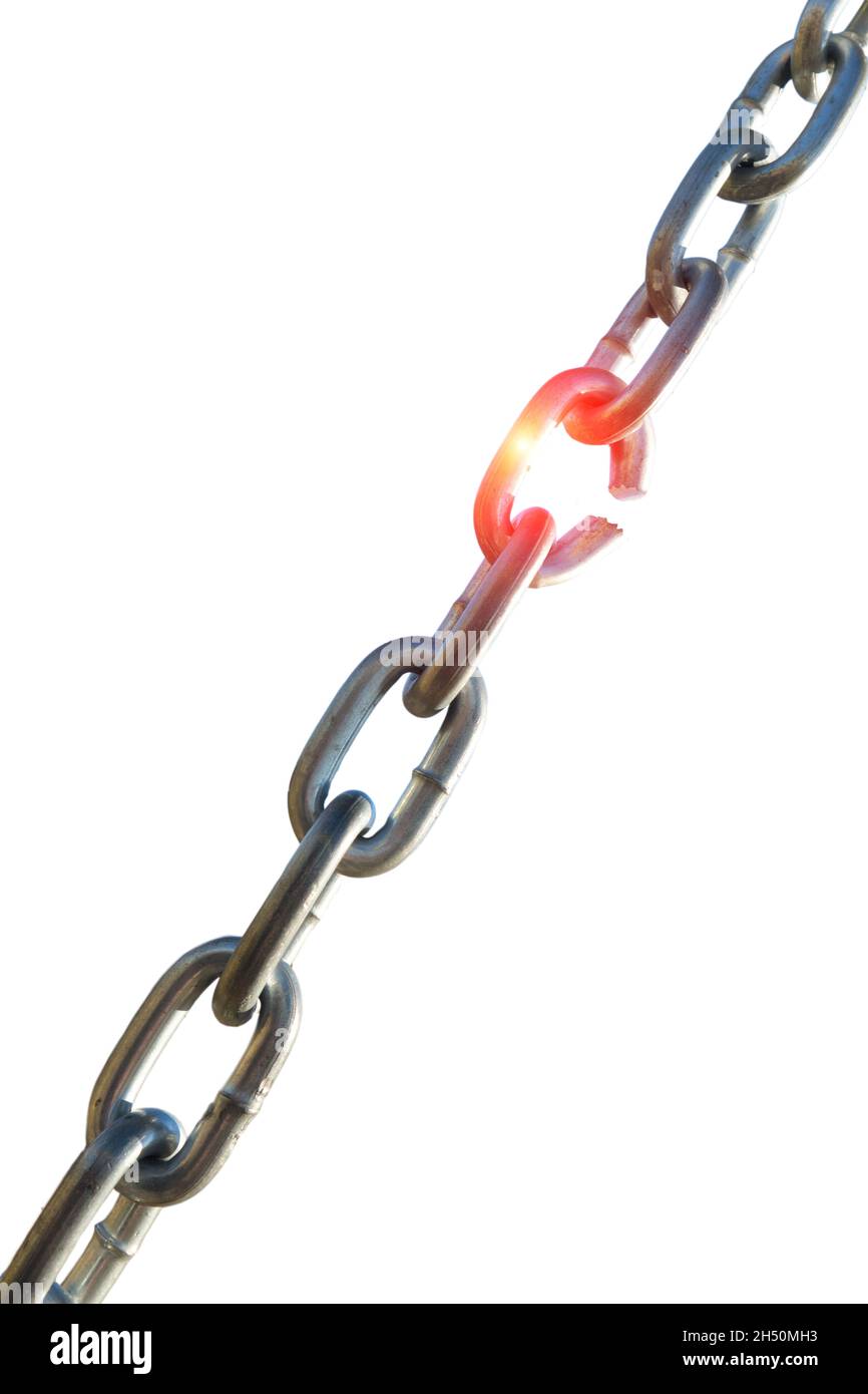 Chain is red hot from tension at point of rupture.On white background ...