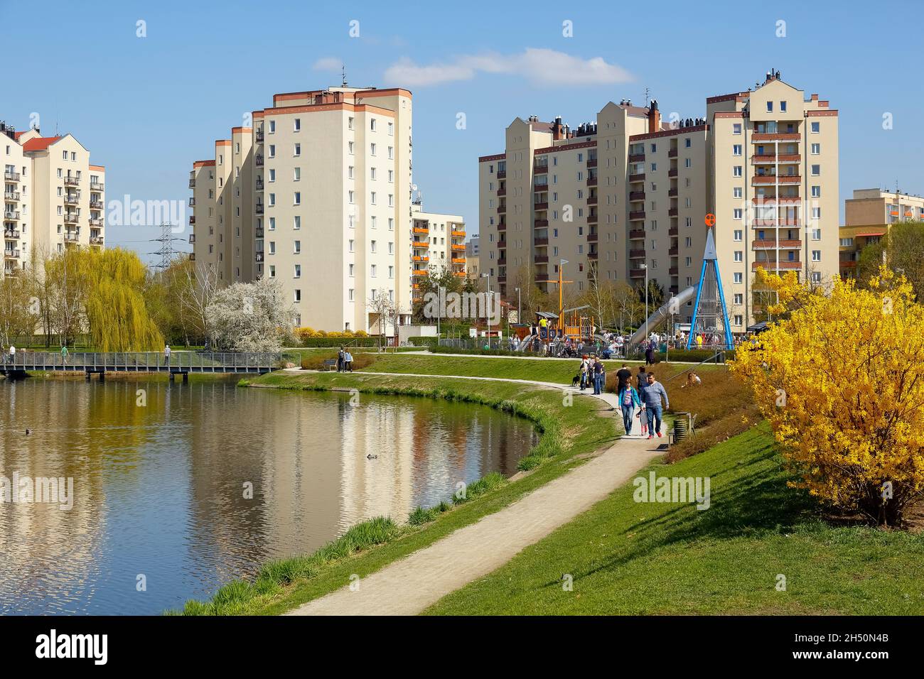 Warsaw, Poland - April 14, 2018: The lake, around which there is a path ...
