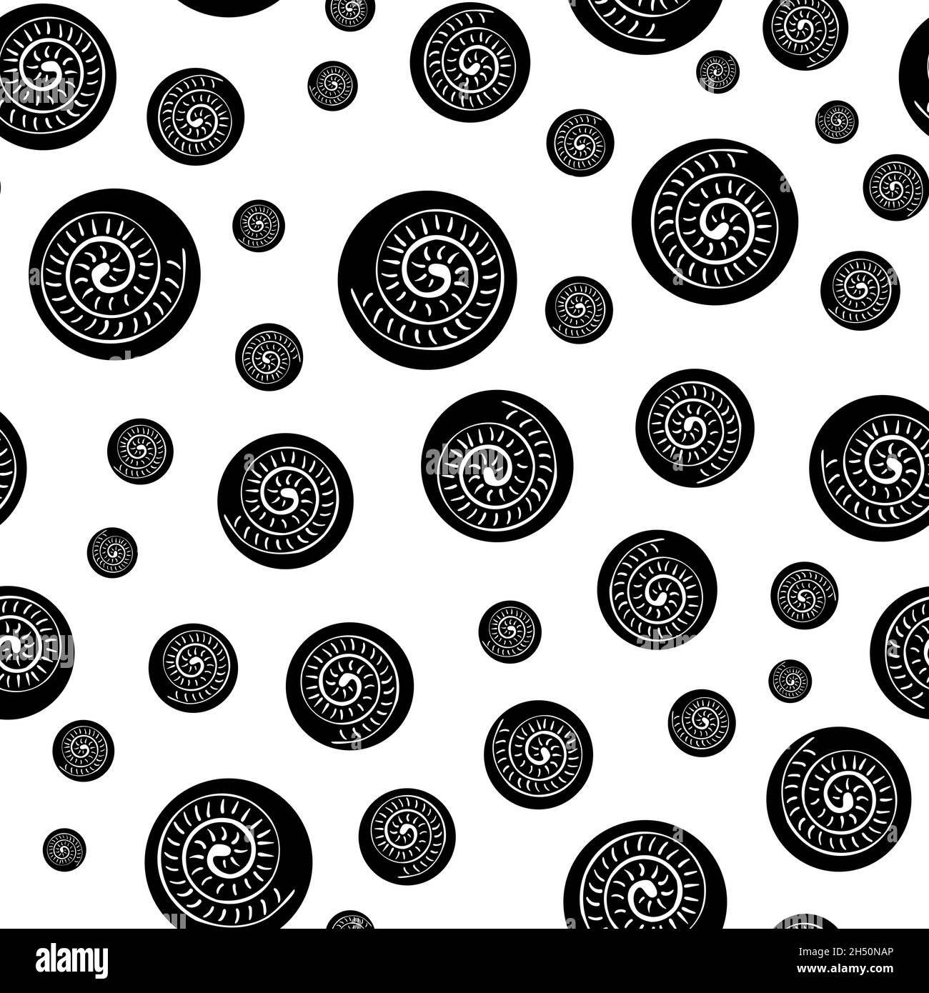 Ammonite vector seamless pattern background. Hand drawn ribbed spiral ...