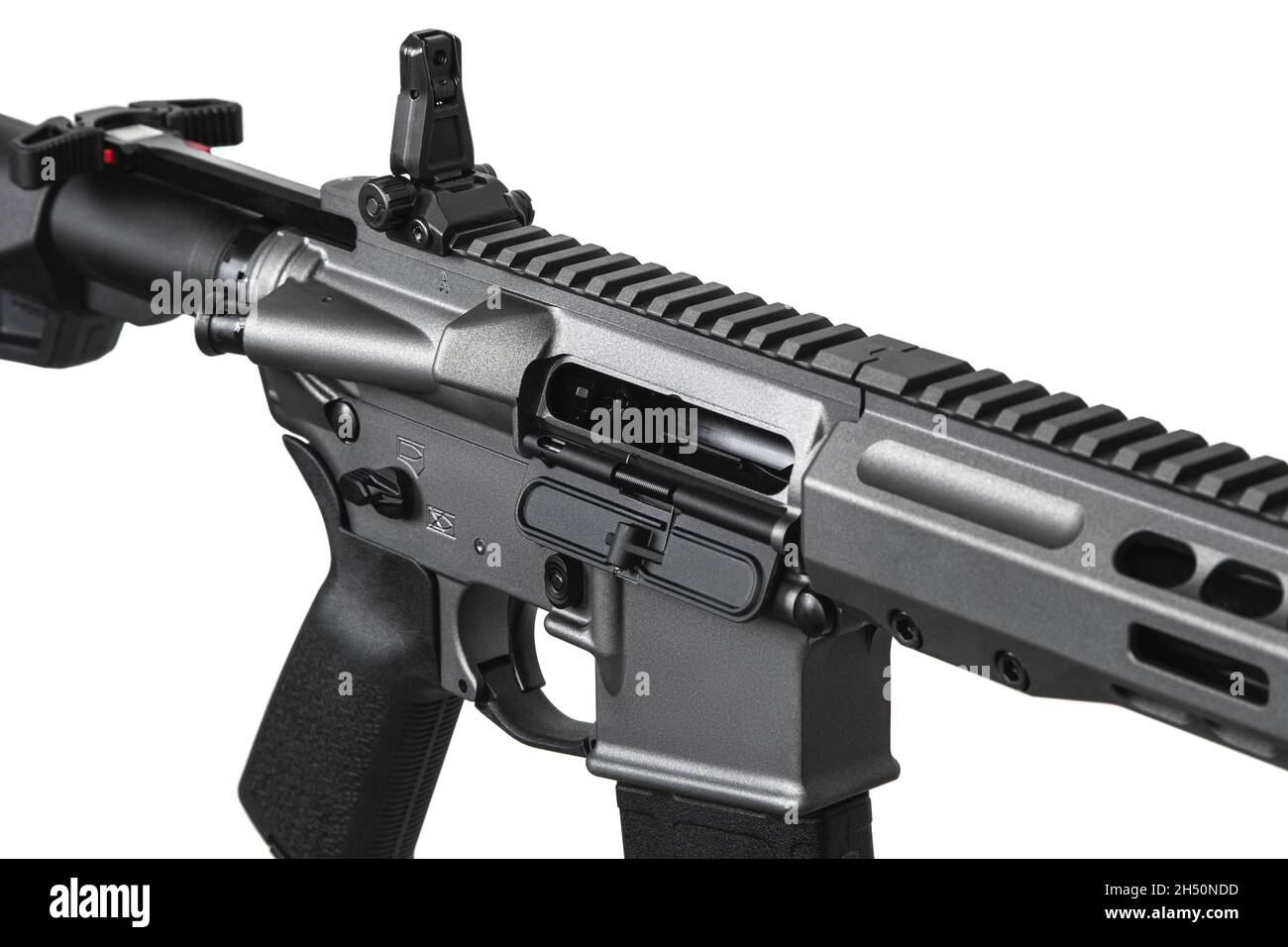 Close up of modern automatic rifle isolated on white background ...