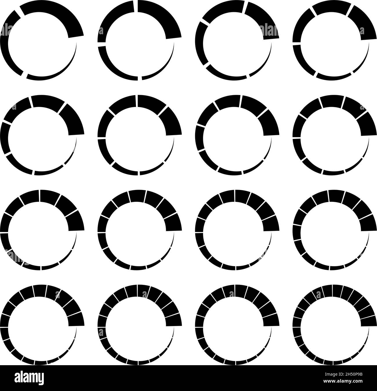 Segmented, divided circles with 3, 4, 5, 6, 7, 8, 9, 10, 12, 14, 15, 16 ...