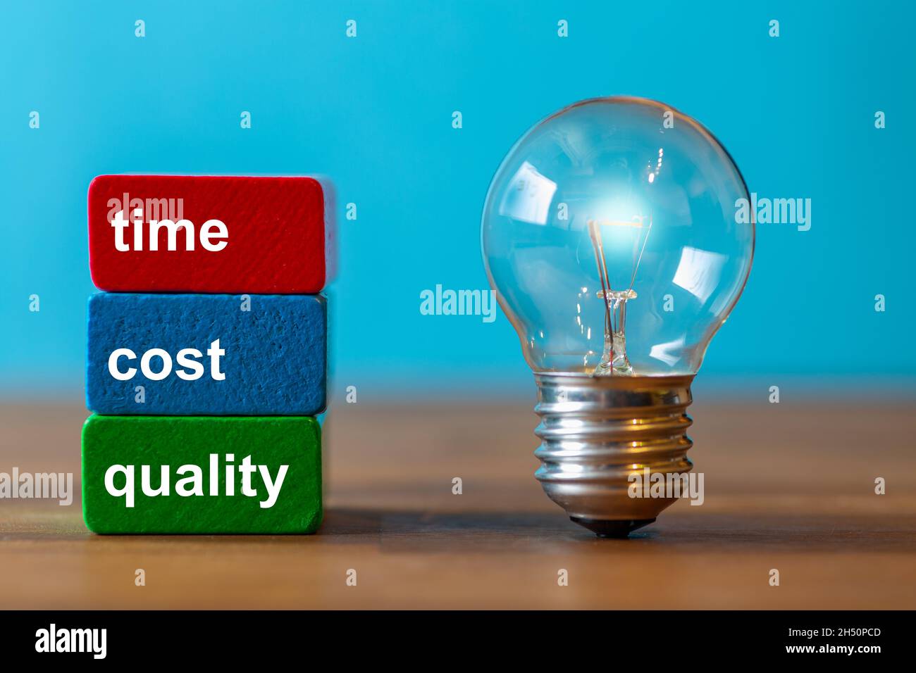 Time, cost quality stands on colorful blocks next to a vintage light ...