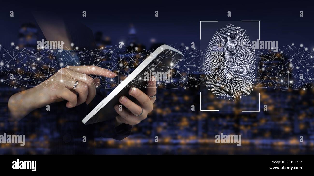 Biometric and security concept. Hand touch white tablet with digital ...