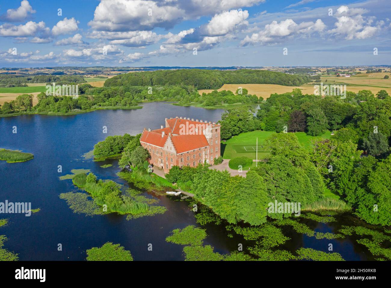 Aerial view over 16th century Svaneholm Castle / Svaneholms slott on ...