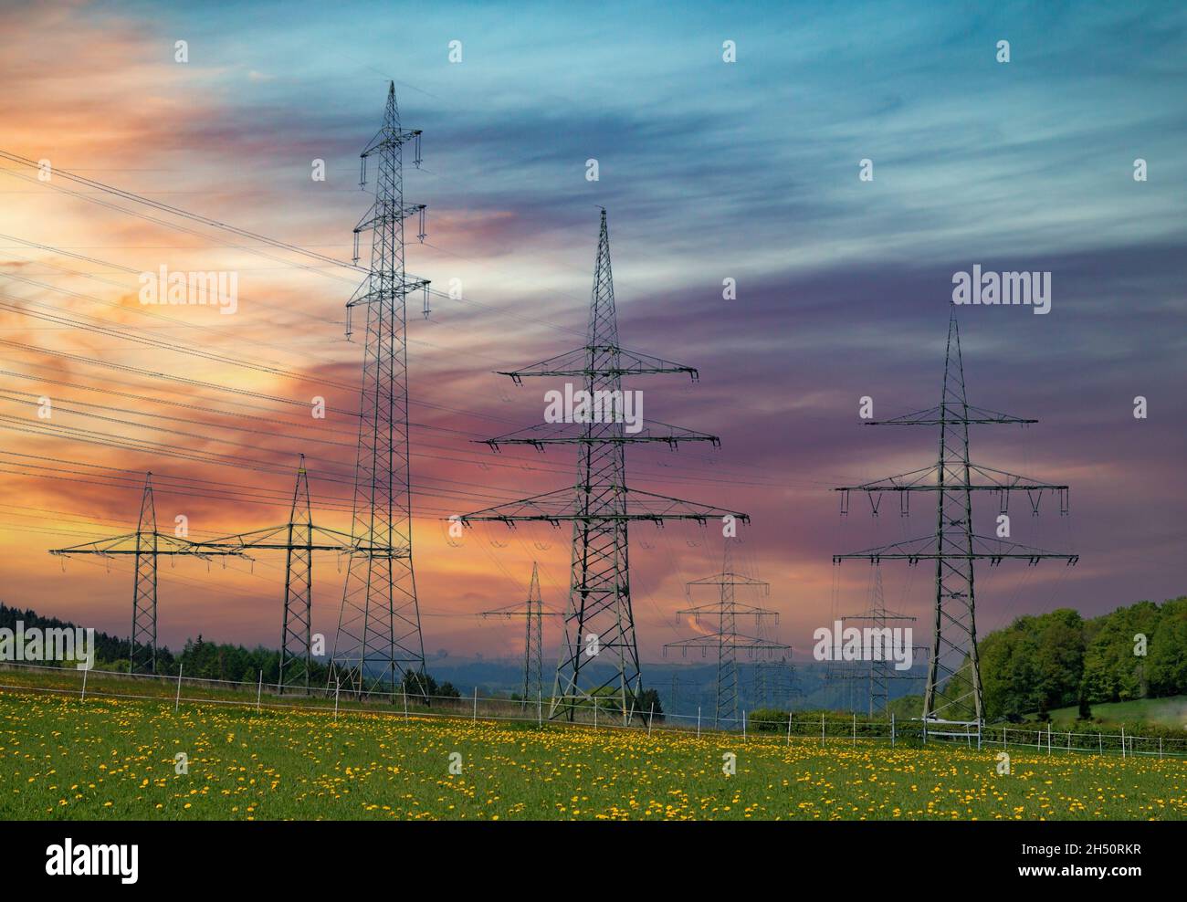 Pylons of high-voltage long-distance electricity transmission lines ...