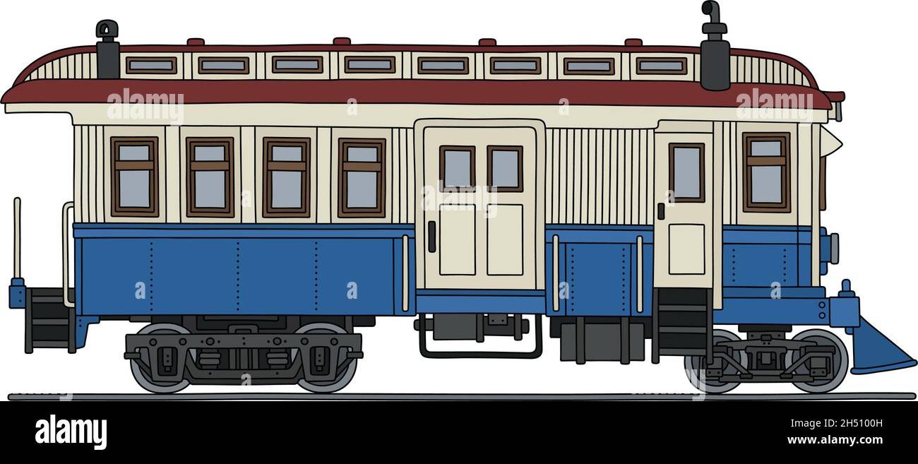 Hand drawing of a retro blue and white small motor passenger train ...