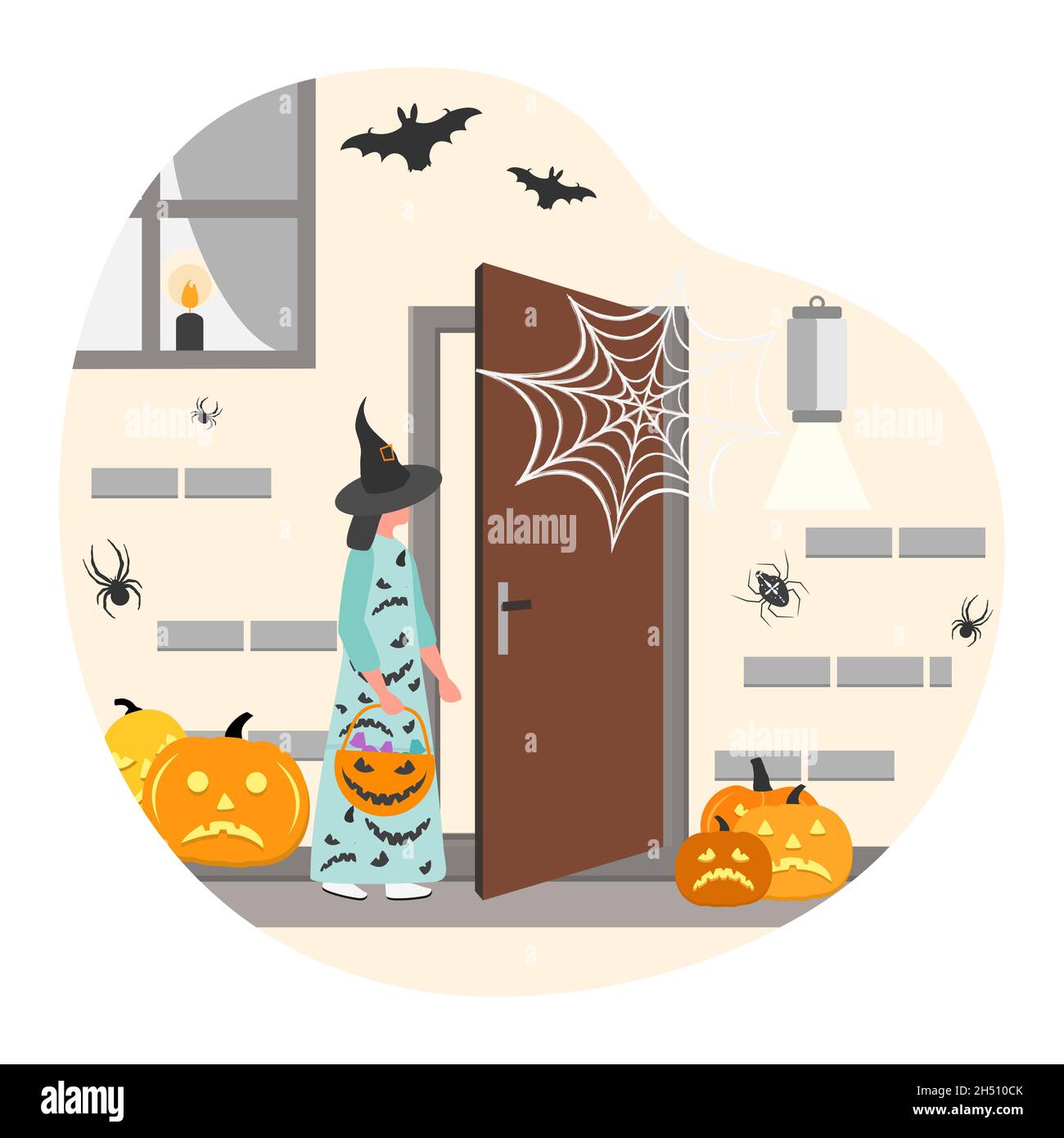 Vector illustration Happy Halloween. Girl wearing festive clothes ...