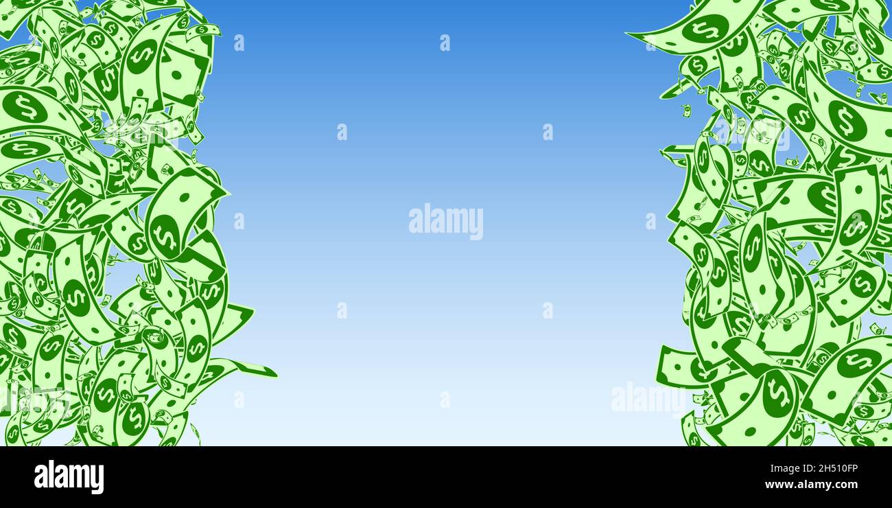 American dollar notes falling. Messy USD bills on blue sky background ...