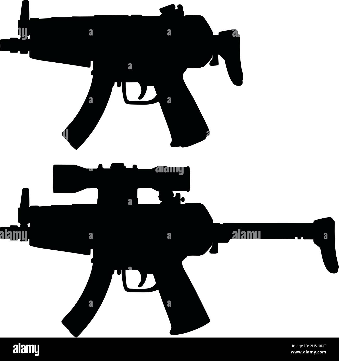 Hand drawing of two black silhouettes of small submachine guns Stock ...