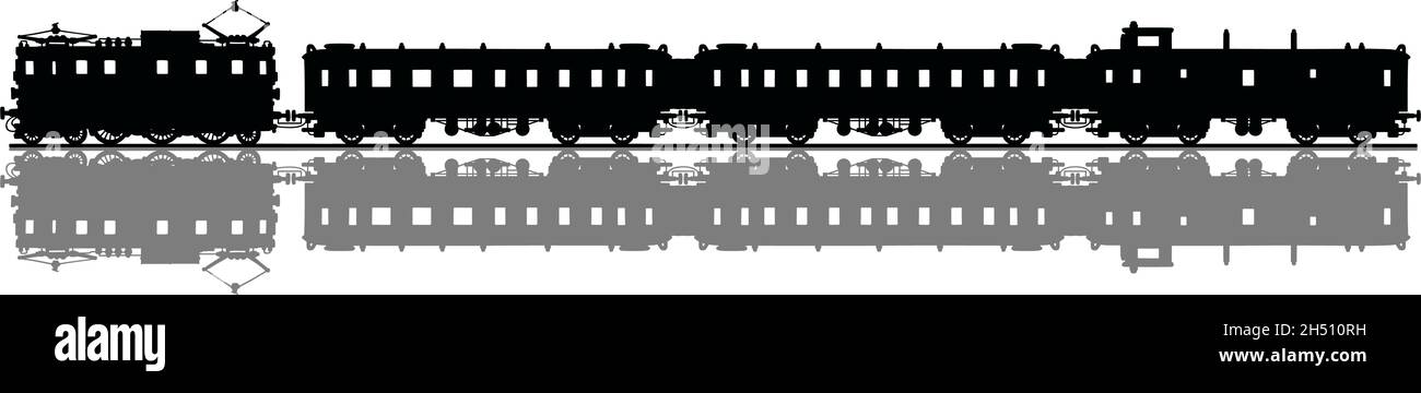 Hand drawing of a black silhouette of an old electric train with a gray ...