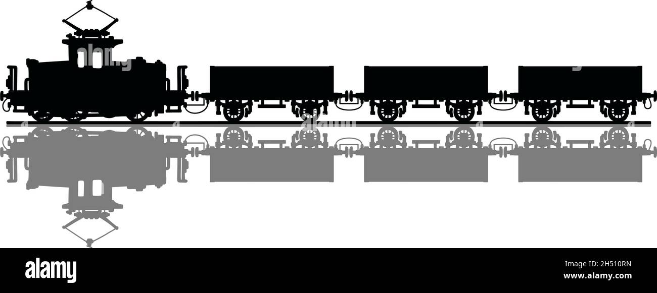 Hand drawing of a black silhouette of a vintage electric cargo train ...