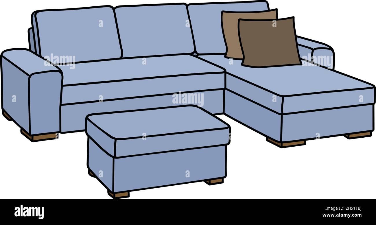Hand drawing of a big light blue couch with two brown pillows Stock ...