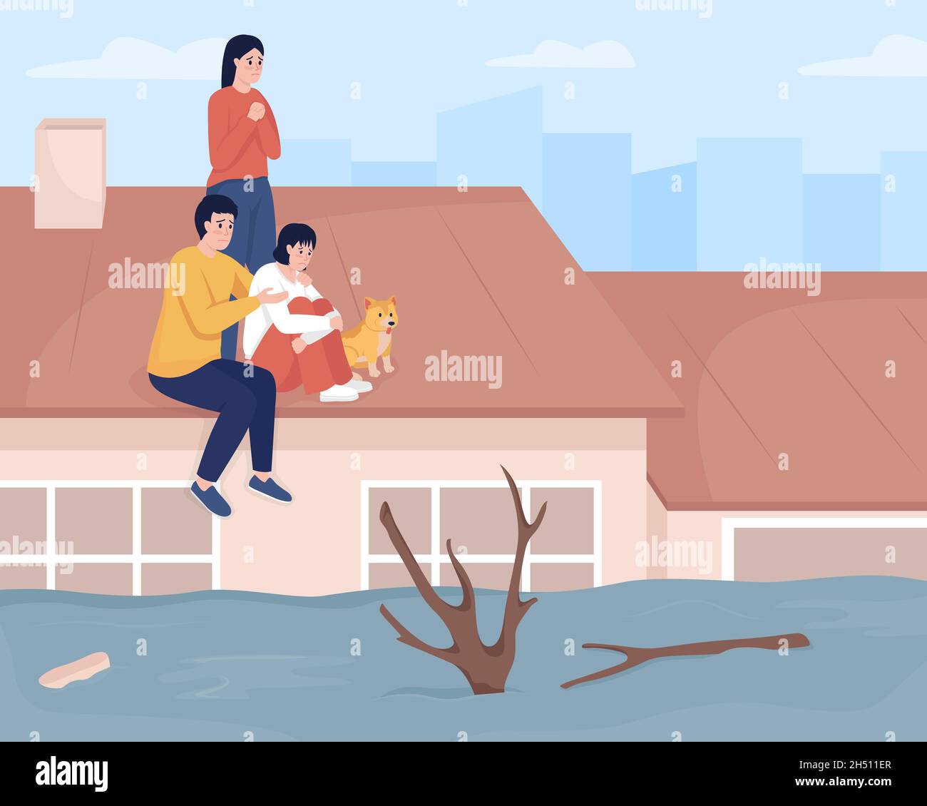 Experiencing heavy rain consequences flat color vector illustration ...