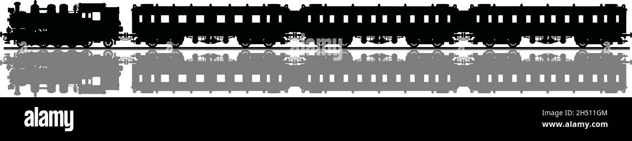 Hand drawing of a black silhouette of a classic steam train with a gray ...