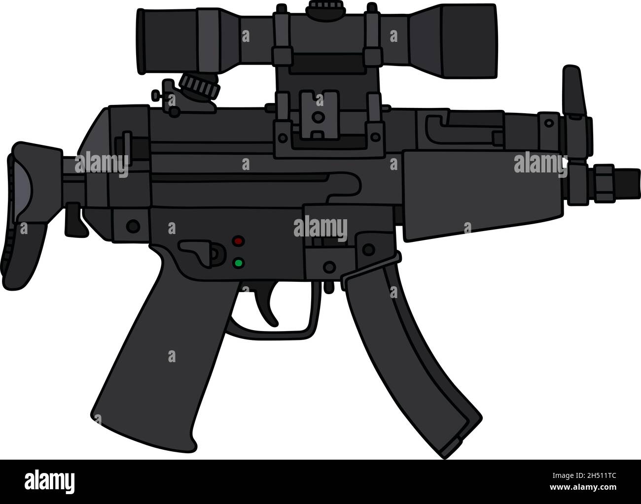 Hand drawing of a short submachine gun with a telescopic sight Stock ...