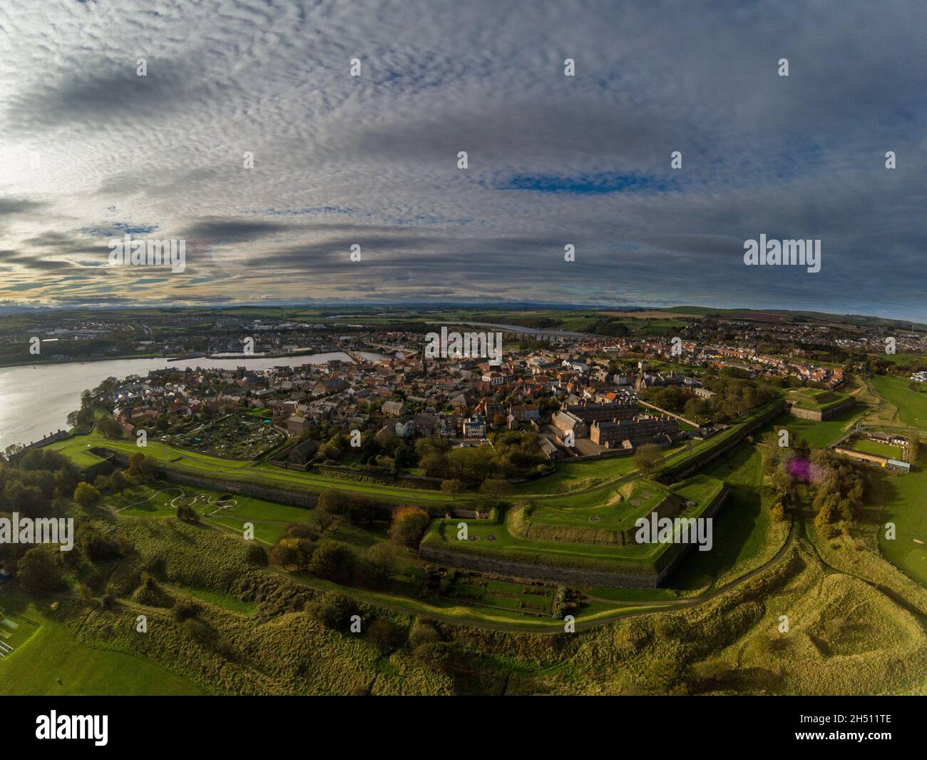 Aerial view of Berwick upon Tweed showing the towns Elizabethan Walls ...
