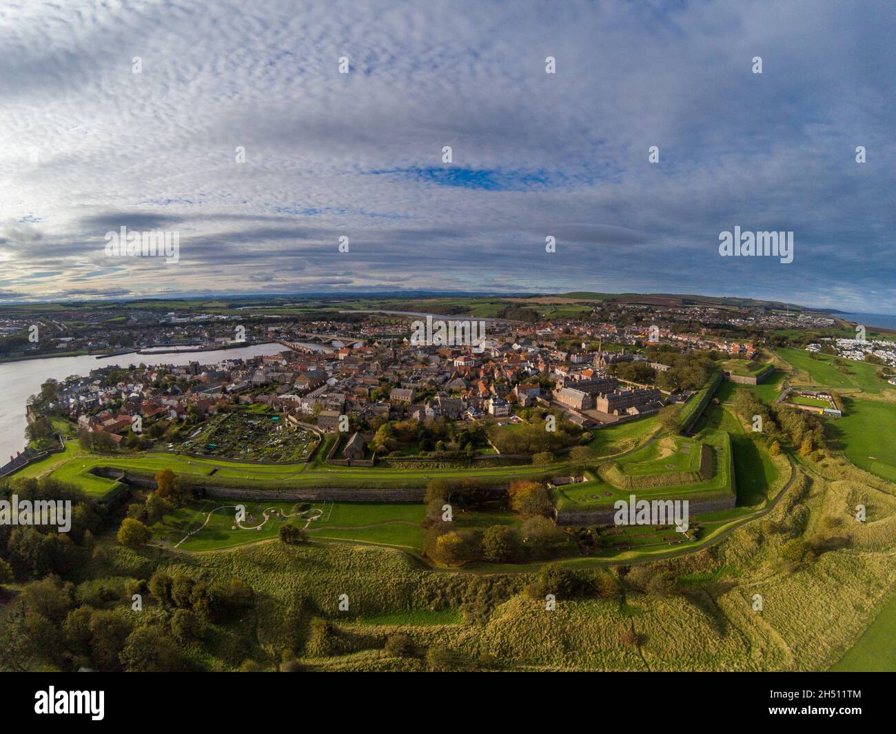 Aerial view of Berwick upon Tweed showing the towns Elizabethan Walls ...