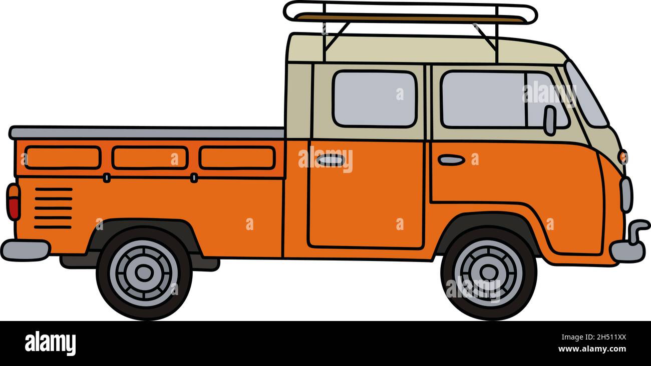 Hand drawing of a retro orange double cab delivery car Stock Vector ...
