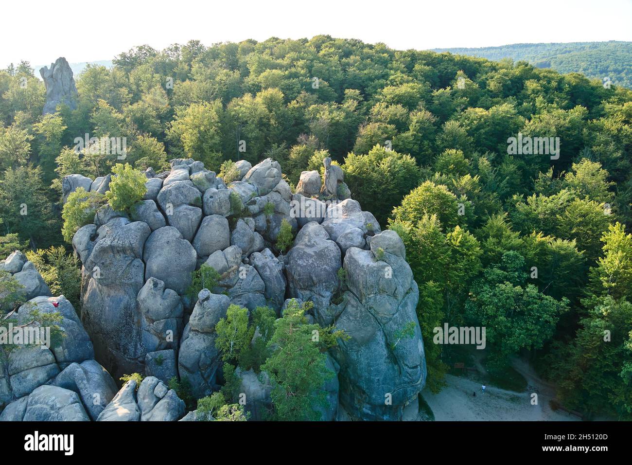 Aerial view of bright landscape with green forest trees and big rocky ...
