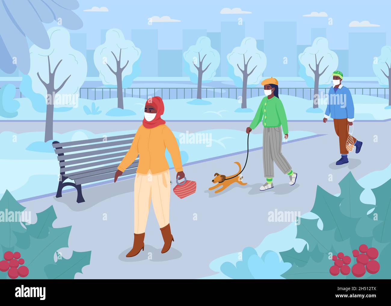 Safe walk in winter park flat color vector illustration Stock Vector ...