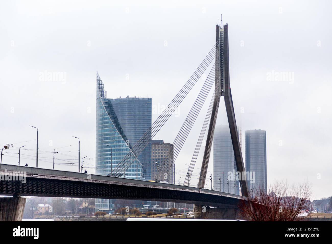 Vansu cable bridge with Riga downtown in the background, Latvia Stock ...