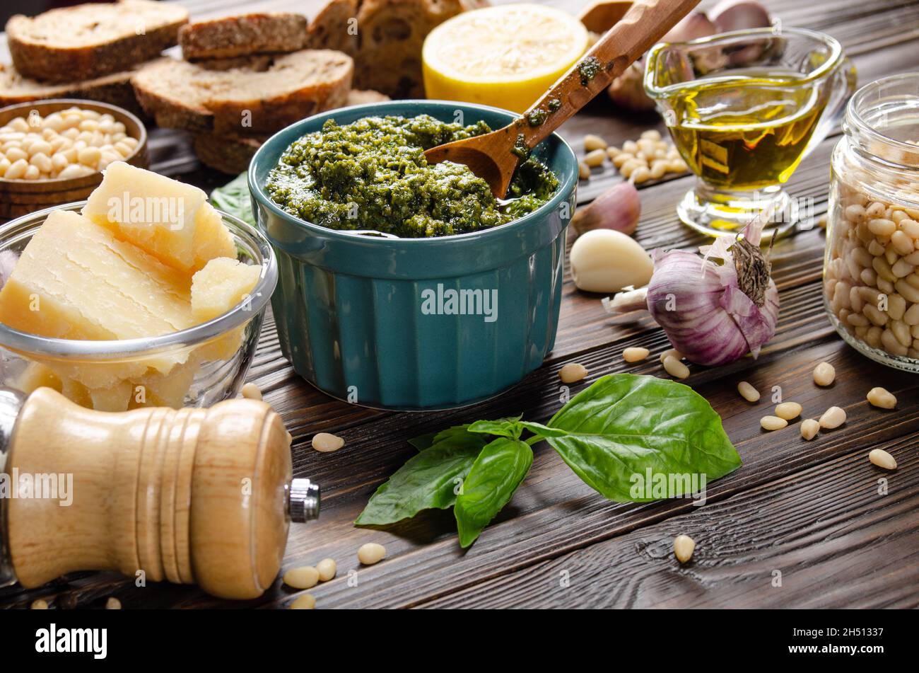 Food background of genovese pesto sauce and its ingredients ...