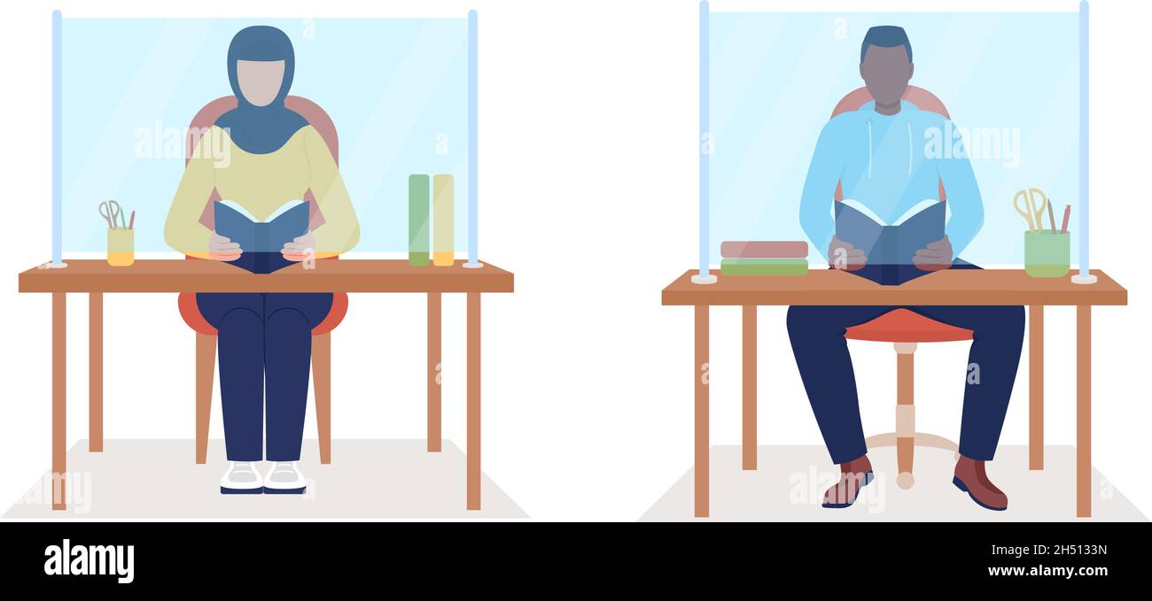 Students at desk during pandemic semi flat color vector character set ...