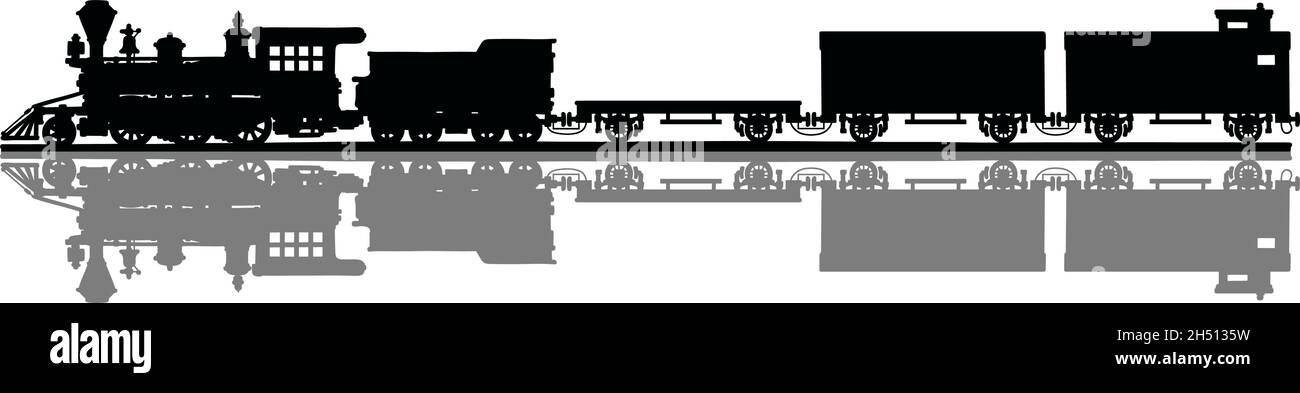 Hand drawing of a black silhouette of a vintage american steam train ...