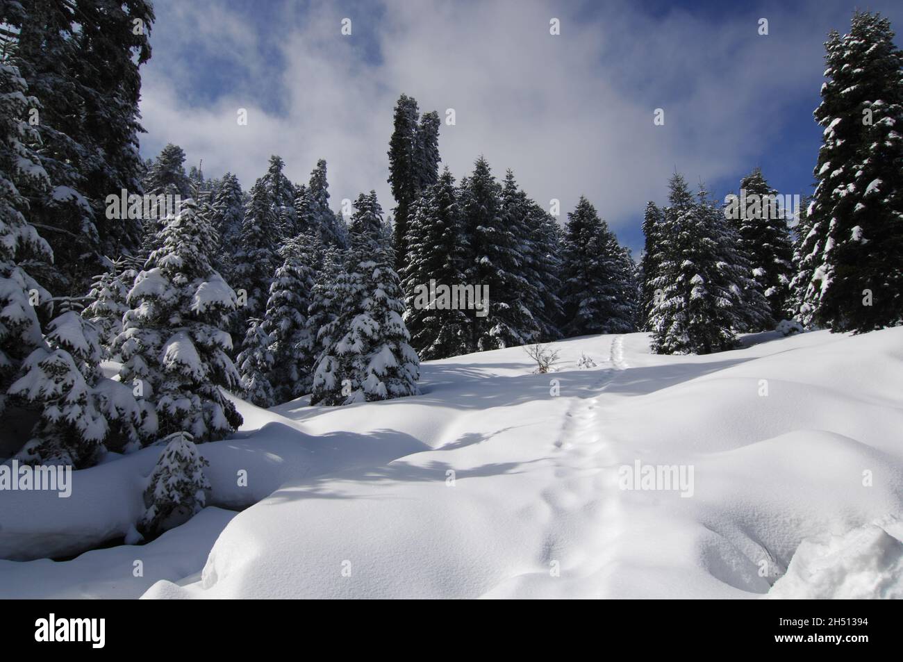 Mysterious trails in the middle of the snowy mountain. Snowy landscape ...