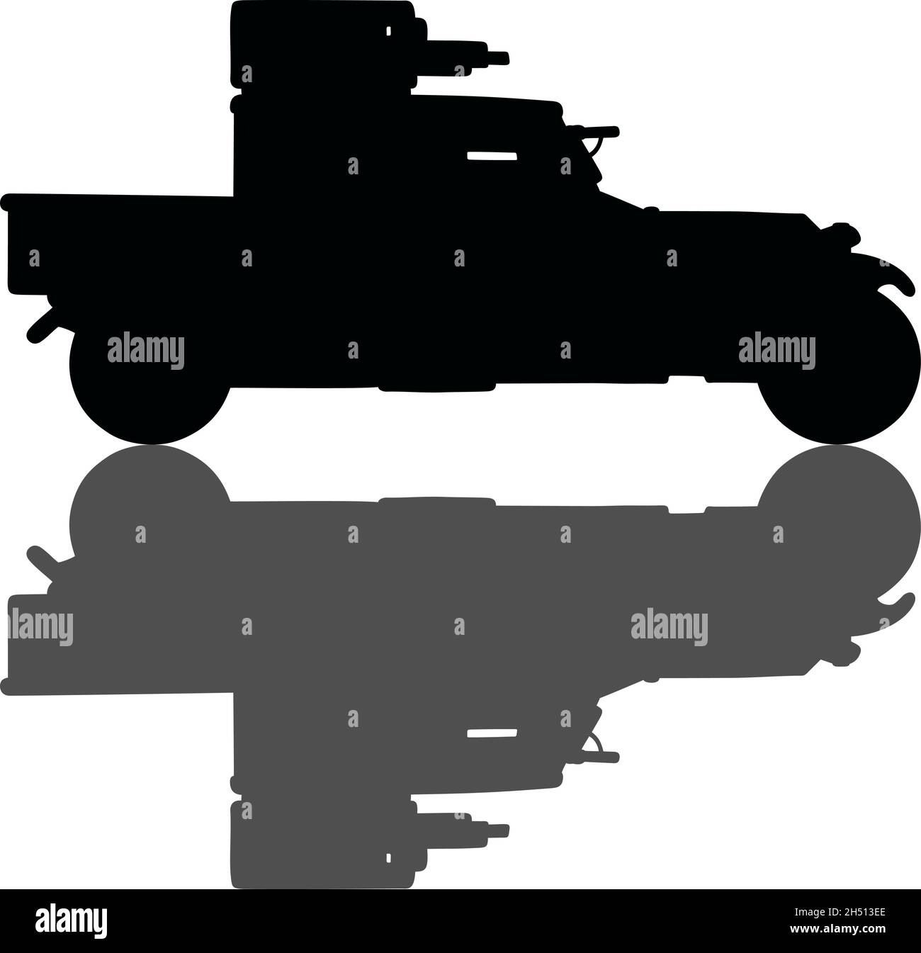 Hand drawing of a black silhouette of a vintage military armored car ...