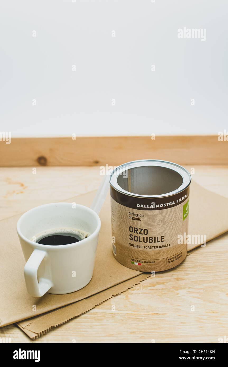 COMO, ITALY - Nov 04, 2021: cup of barley coffee and can of toasted ...