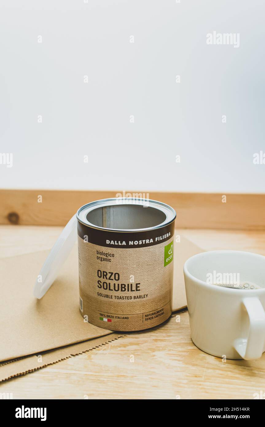 COMO, ITALY - Nov 04, 2021: cup of barley coffee and can of toasted ...