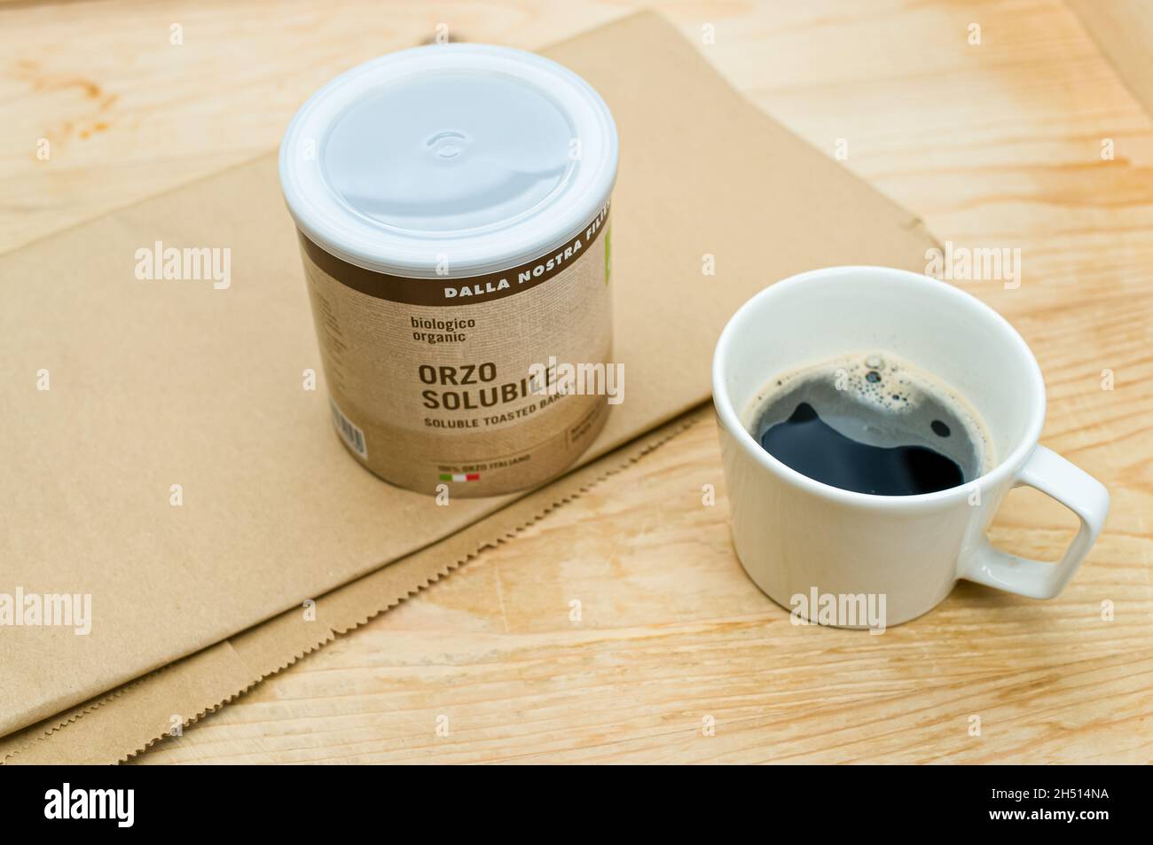 COMO, ITALY - Nov 04, 2021: cup of barley coffee and can of toasted ...