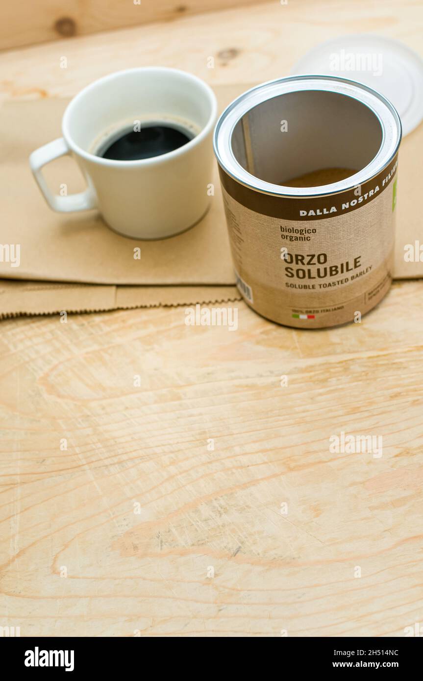 COMO, ITALY - Nov 04, 2021: cup of barley coffee and can of toasted ...