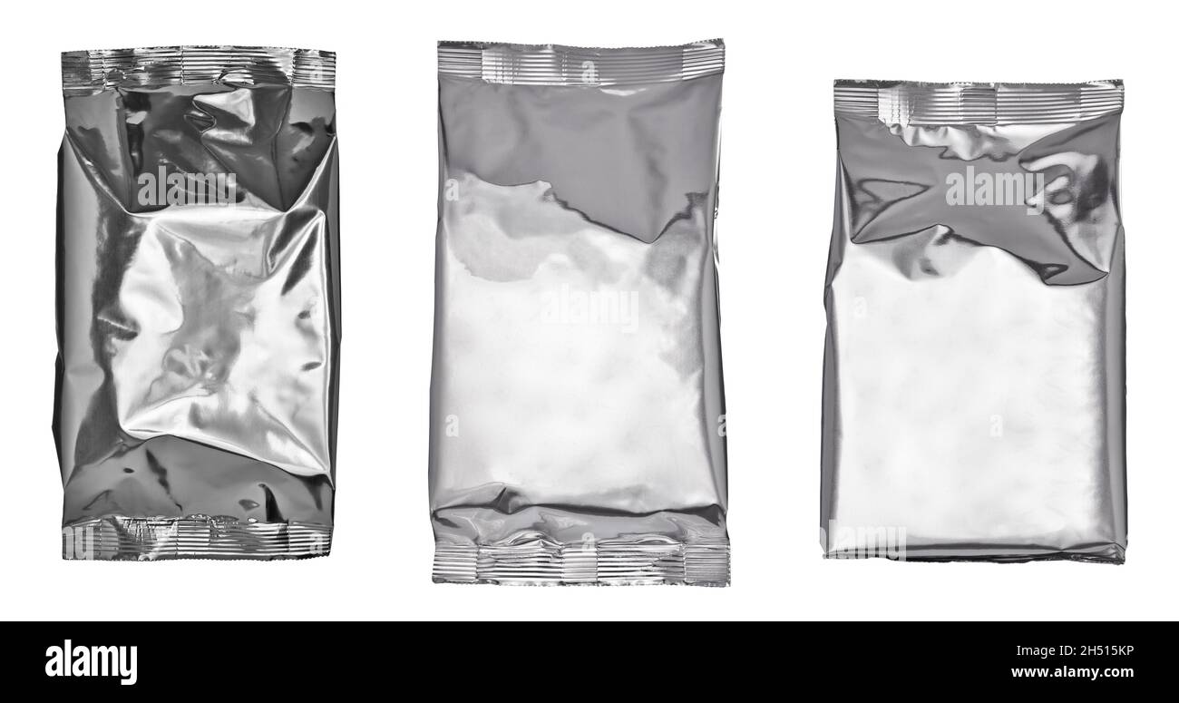 white silver aluminum paper bag package food template box background ...