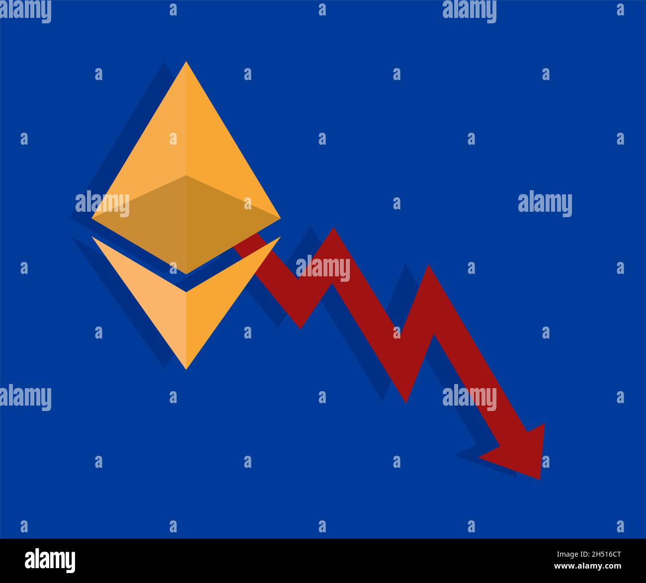 Ethereum and graph, price falling, bearish icon, background money ...